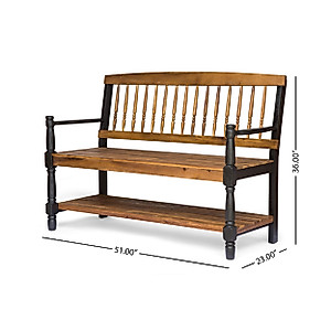Great Deal Furniture Christopher Knight Home Daphne Outdoor Acacia Wood Bench with Shelf, Teak and Black Finish