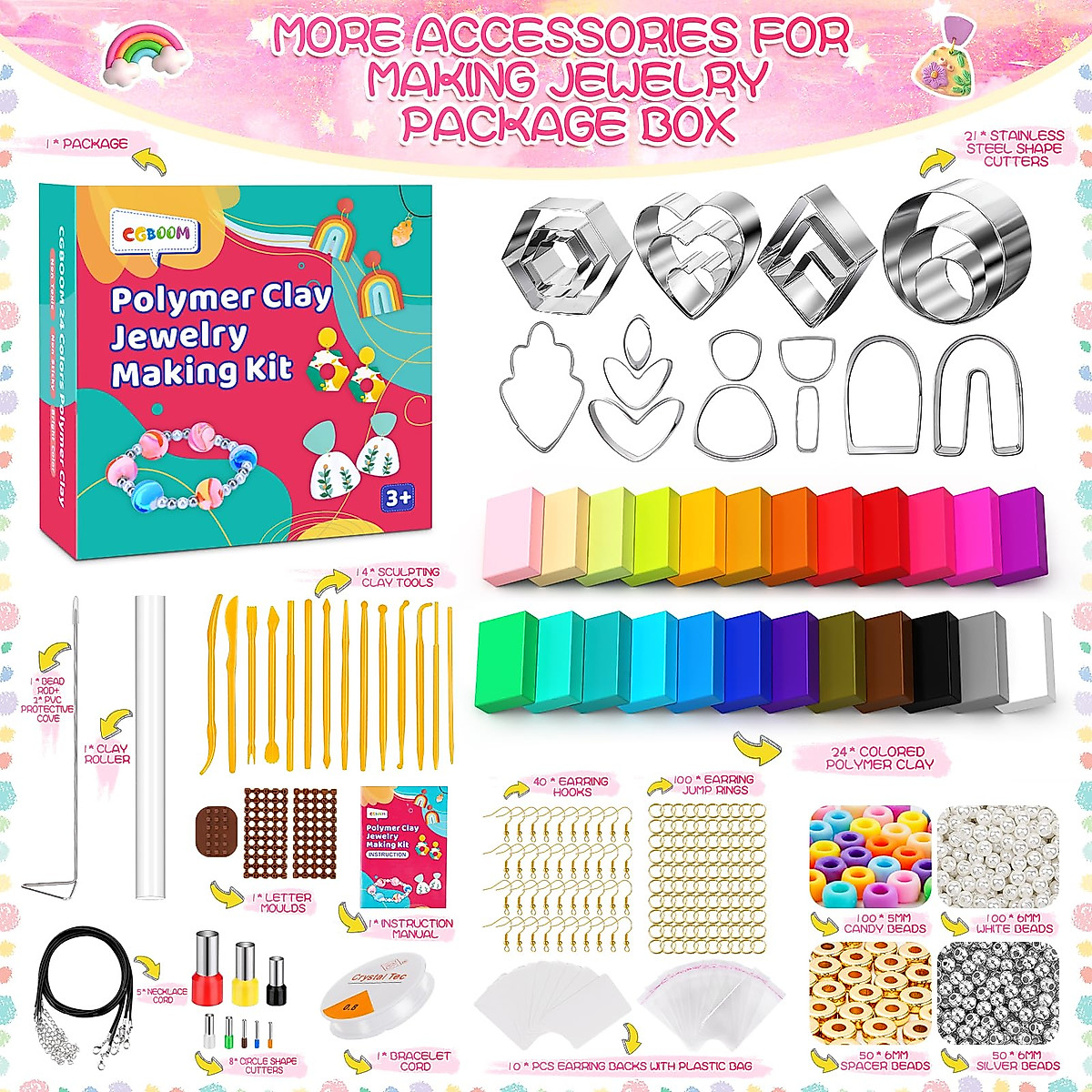 CGBOOM 527Pcs Polymer Clay Earring Making Kits,3 in 1 Clay Earring and Bracelet Making Kit, Jewelry Making Tools for Adults and Kids, Present for Girls,Teens and Adults
