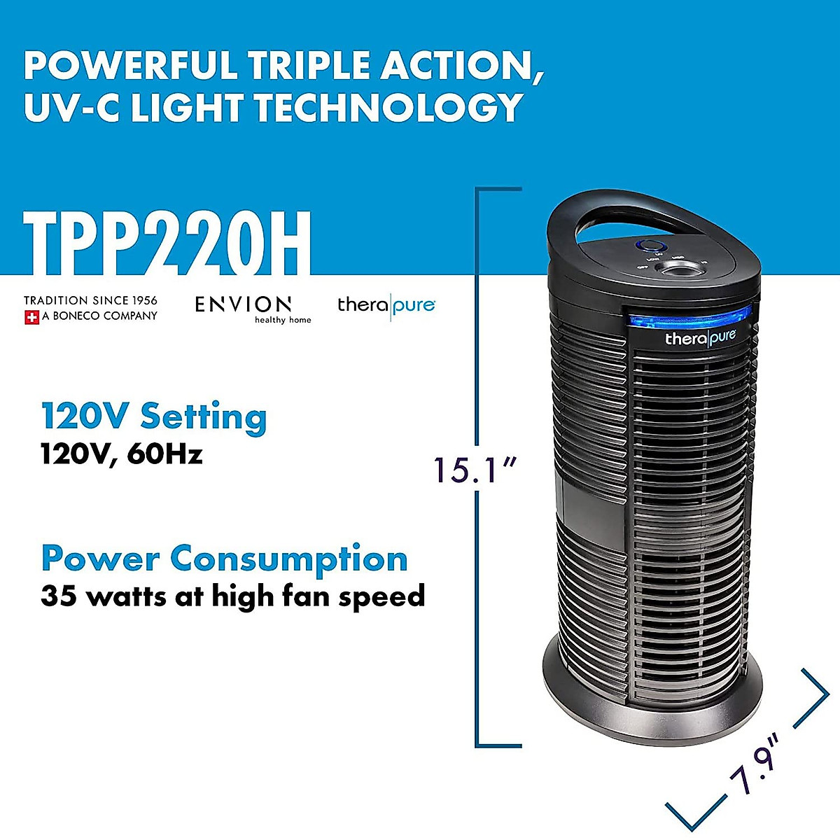ENVION Therapure TPP220 Small Room Quiet Operating Filter HEPA Air Purifier with 3 Fan Speeds, UV-C Germicidal Light, and Built In Handle, Black