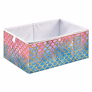 Mermaid Scales Fish Storage Baskets for Shelves Foldable Collapsible Storage Box Bins with Fabric Bins Cube Toys Organizers for Pantry Organizing Shelf Nursery Home Closet,11 x 11inch