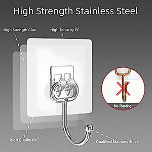Large Adhesive Hooks 44Ib(Max),Waterproof and Rustproof Wall Hooks for Hanging Heavy Duty,Transparent Reusable Seamless Hooks Nail Free Sticky Hangers to use Home and Outdoor(10 Packs - Oval)