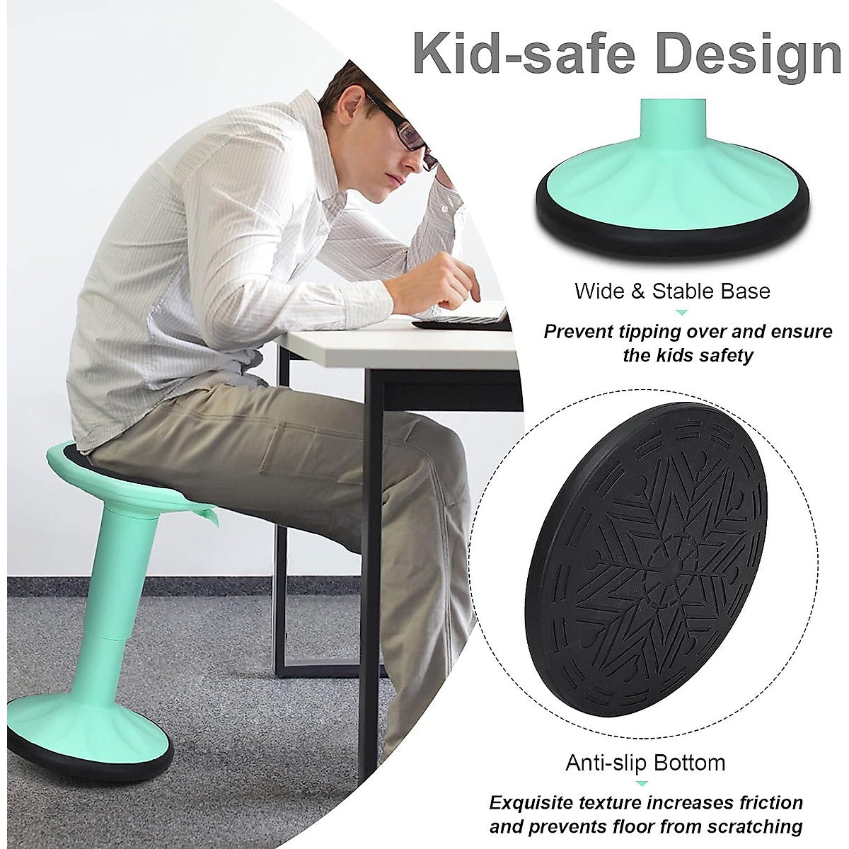 Byroce Kids Adjustable Wobble Stool, 24” Active Learning Classroom Seat, Non-Skid Wiggle Chairs Improve Posture, Focus & Help ADHD/ADD, Flexible Student Wobble Stool for Classroom Seating (Green)