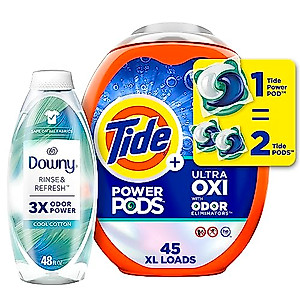 Tide Ultra OXI Power PODS with Odor Eliminators Laundry Detergent Pacs, 45 Count + Downy Rinse & Refresh, Cool Cotton, 48 Fl Oz