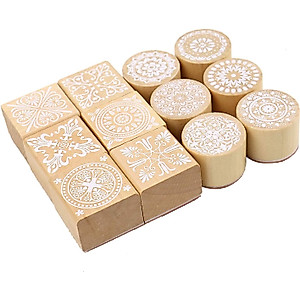 Waugve 12Pcs Wooden Stamps Floral Pattern Rubber Stamp Round and Square Lace Wooden Rubber Stamp for Scrapbooking and DIY Craft Card