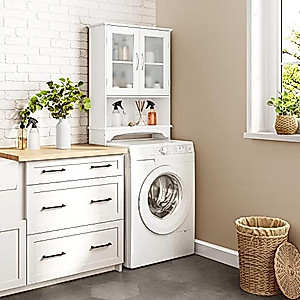 Topeakmart Over The Toilet Storage Cabinet with Adjustable Shelf and Double Tempered Glass Doors, Free Standing Toilet Rack with Open Storage Shelf, White