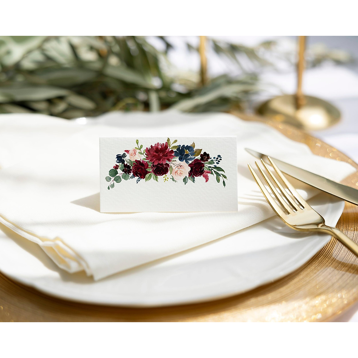 Indigo Floral Table Place Cards (25 Pack) Buffet Signs for Bridal Shower, Baby Shower, Wedding Seating, Any Event – Fold Over Favor Tag - Folded Tented Blank Card – Rustic Country Party Supplies