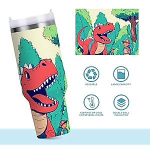 Nexawaveo Dinosaur with Boys Tumbler With Handle And Straw 30-40oz Insulated Tumbler Cups With Lid Stainless Steel for Cold Water and Drinks for School Work Sports Car Travel and Weekends