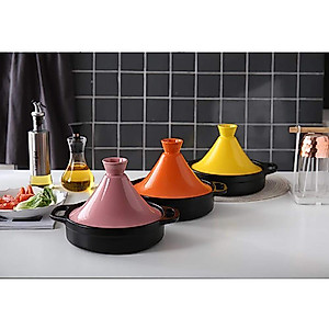 Ceramic Casserole Steamer Braiser Pan Healthy Pot Earthen Pot for Braising Slow Cooking Moroccan Tajine Pot (Orange 1.3Quart)