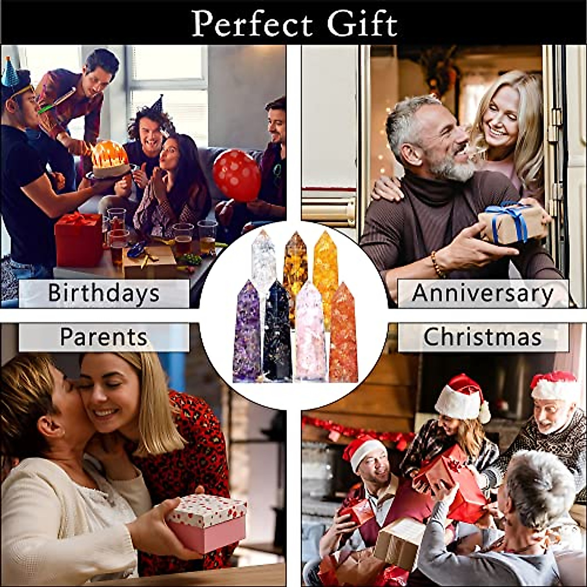 Orgone Healing Point Wands Set of 7 Includes 3.5” Amethyst Crystal, Rose Quartz, Black Tourmaline, Tigers Eye, Citrine, Carnelian, and Clear Quartz-big crystals for Spiritual Meditation and Protection