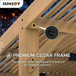 Sunjoy Wooden Grill Gazebo 10 ft. x 11 ft. Outdoor Cedar Frame BBQ Pergola for Backyard and Hot Tub With Privacy Screen and Large Bar Shelves