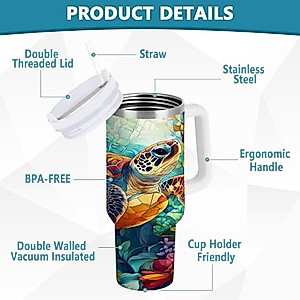 Slewiaeky Tumbler with Handle 40 oz Lovely Tortoise Turtle Travel Mug with Lid and Straw Ocean Stainless Steel Vacuum Insulated Water Bottle Cup for Iced Tea Coffee Cold Beverages Cup Holder Friendly