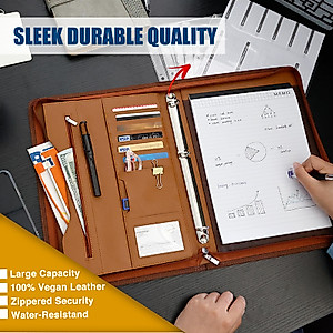 Linaxbong Padfolio Portfolio Business Binders—3 Ring Binders，Secure Zippered Closure，Resume padfolio Business Organizer—Pu Leather Padfolio Portfolio Binders for Men & Women (Brown)