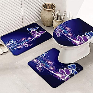 Libaoge Bathroom Mat Sets 3 Piece/Set Rugs Purple Dreamlike Bath Mat, Gorgeous Butterfly Flying Memory Foam Mat Set Matches Anti-Skid Toilet Seat Cover Bath Mat Lid Cover 18"x30"+14"x18"+15"x18"