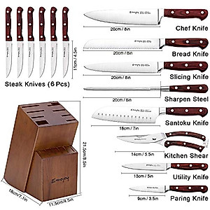 Knife Set, 15 Pcs Emojoy Kitchen Knife Set with Block Wooden, Manual Sharpening for Chef Knife Set, Stainless Steel Professional Knife for Kitchen