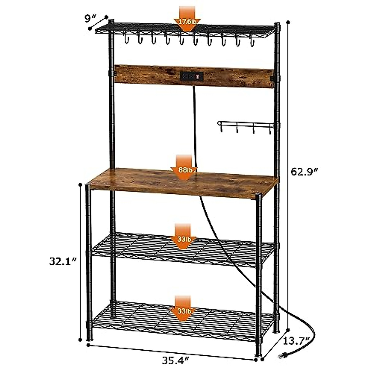 SUPERJARE Bakers Rack with Power Outlets - Height Adjustable Microwave Stand, 4-tier Kitchen Storage Rack with 10 S-shaped Hooks, 360° Hanging Strip, Coffee Bar Station - Rustic Brown