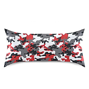 Red Grey Camouflage Pillow Covers Silk Pillowcase for Hair and Skin Soft Smooth Breathable Cooling Satin Pillowcase Standard Size Pillow Case for Bedroom Bed Sleeping (20x26 Inch)