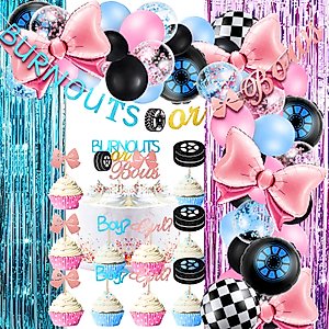 112 Pcs Burnouts or Bows Gender Reveal Decorations Set, Burnouts Bow Foil Balloons Arch Banner Gender Reveal Cake Topper Pink and Blue Balloons Foil Curtains for Gender Reveal Shower Party Supplies