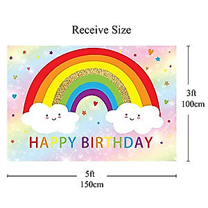 Rainbow Birthday Backdrops for Girls Bokeh Happy Birthday Party Decoration Supplies Kids Rainbow Clouds Cake Table Banner Photo Studio Props 5x3ft
