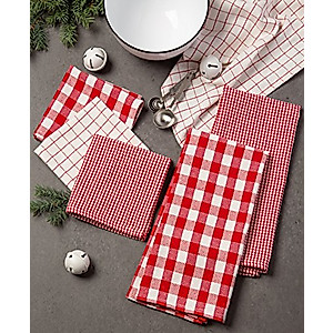 DII Heavy Duty Kitchen Towels Collection Long Lasting Quality, Cotton Dish Towel, 18x28; Dish Cloth, 13x13, Holiday Red Checks, 6 Piece