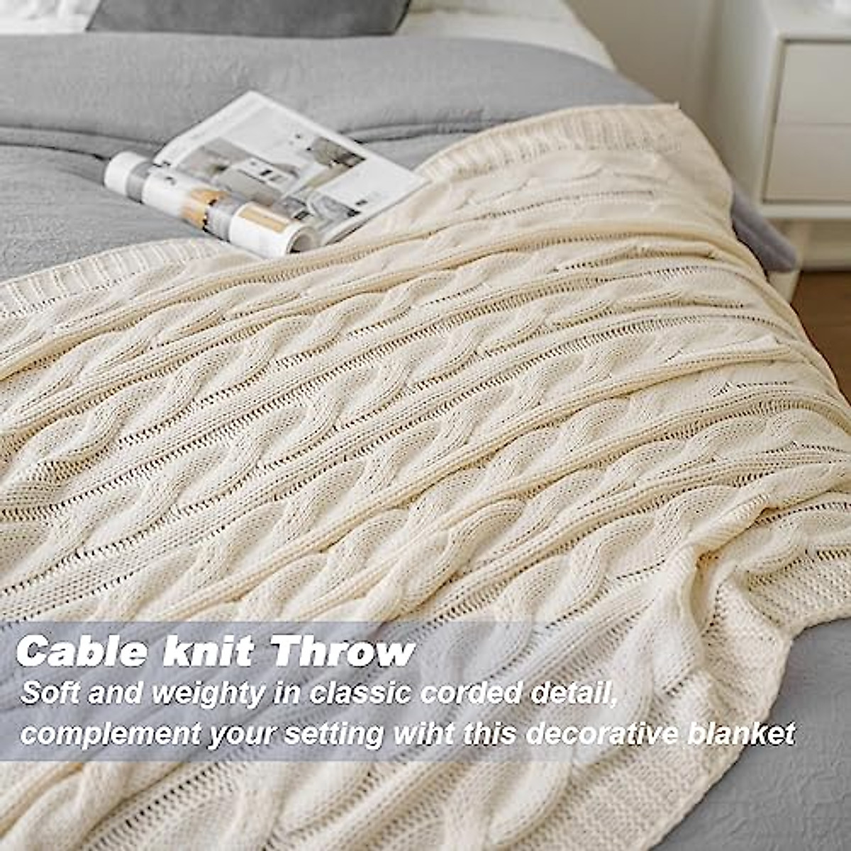 Battilo Cream Ivory Cable Knit Throw Blankets for Couch, Super Soft Warm Cozy Decorative Knitted Throw Blanket for Bed, Sofa, Chair 50"x60"