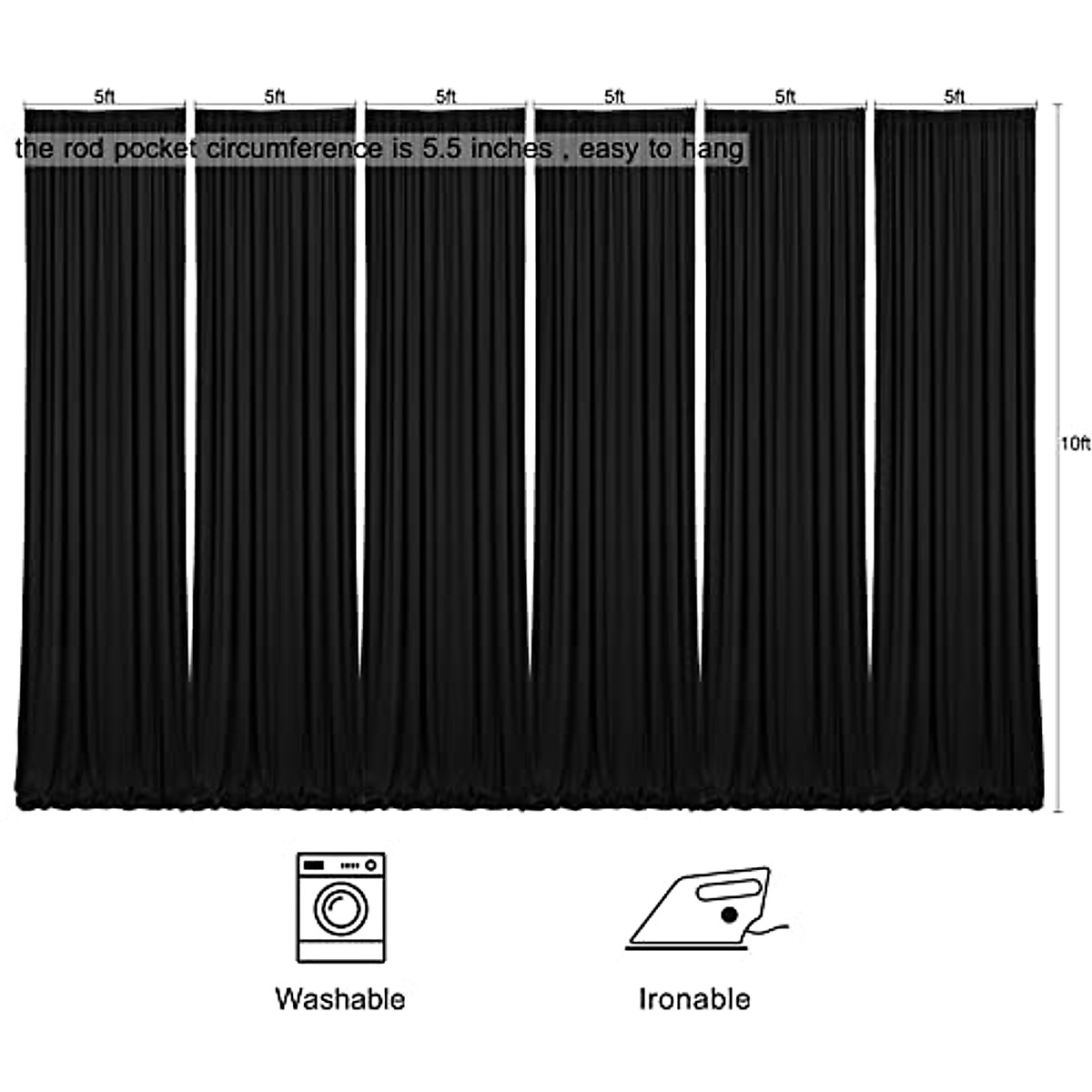 6 Panels Black Backdrop Curtain for Parties Wrinkle Free Black Photo Curtains Backdrop Drapes Fabric Decoration for Birthday Party Wedding 30ft(W) x 10ft(H)