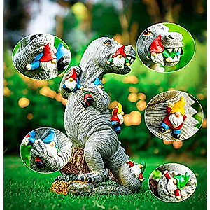 Himaweek Garden Statue Outdoor Decoration, Dinosaur Eating Gnomes Figurines, Indoor Outdoor Décor Garden Art for Patio Lawn Yard, 13.5” x 7.6” Housewarming Garden Gift
