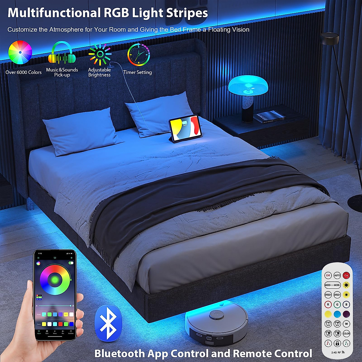 Saudism Upholstered Bed Frame with Storage Headboard, USB Ports, LED Lights - Queen Size, Floating, Noise-Free, Dark Grey