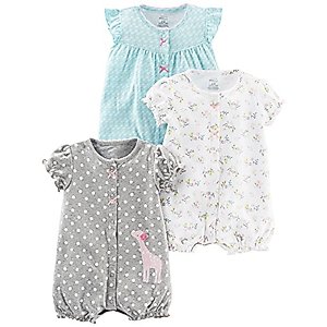 Simple Joys by Carter's Baby Girls' 3-Pack Snap-up Rompers, Blue Swan/Grey Dots/White Floral, 3-6 Months
