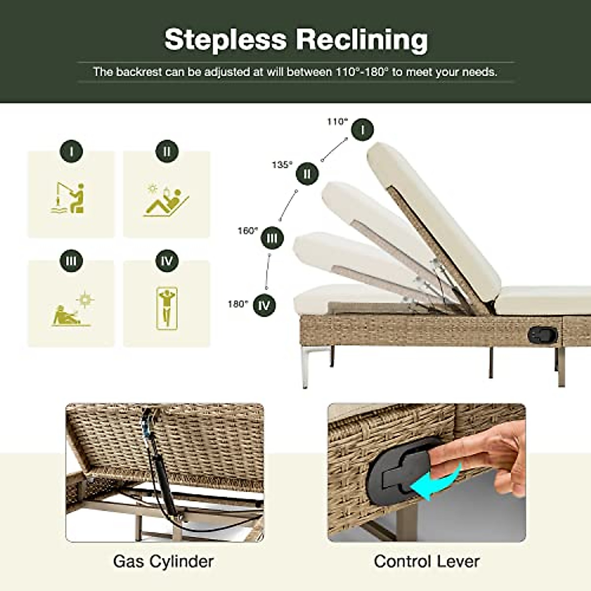 HOMREST Outdoor Chaise Lounge Chair Set of 2, Patio Wicker Lounge Chair with Pneumatic Adjustable Backrest, Rattan Pool Sunbathing Lounge Chair Suitable for Outside with Removable Cushion (Khaki)