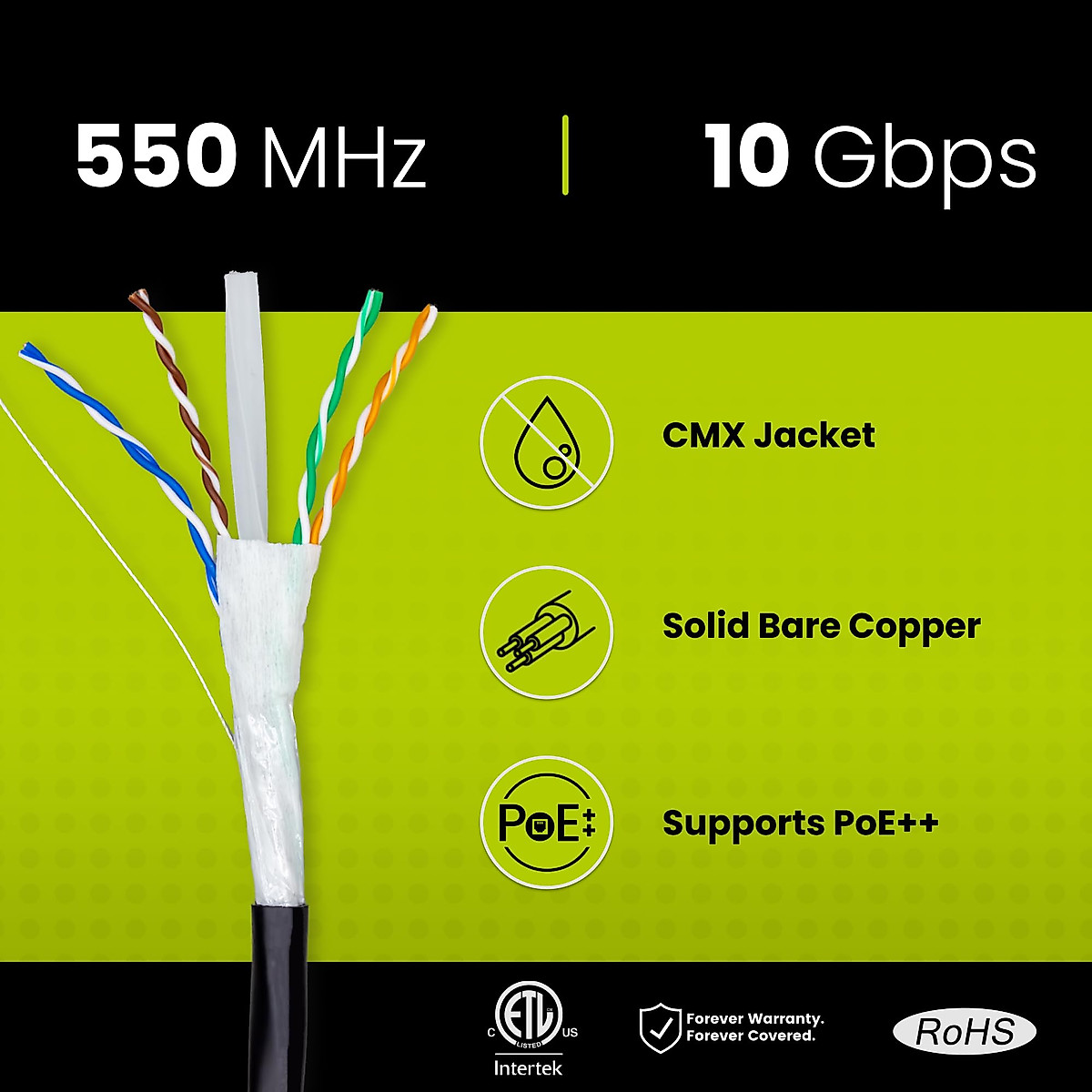 trueCABLE Cat6 Direct Burial, 1000ft, Waterproof, Outdoor Rated CMX, Black, 23AWG Solid Bare Copper, 550MHz, PoE++ (4PPoE), ETL Listed, Unshielded UTP, Bulk Ethernet Cable