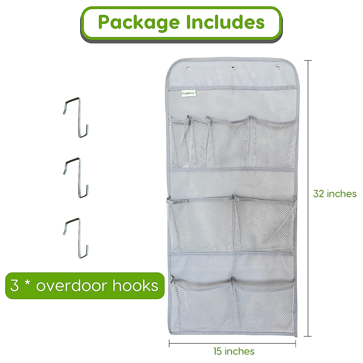 Unjumbly Mesh Hanging Shower Caddy - 8 Pockets to Hold Toiletries, Shampoos, Conditioners, Soaps, Over-the-door Organizer with 3 Metal Hooks for Bathroom, Bedroom, Kitchen, Traveling, RVs, Campers