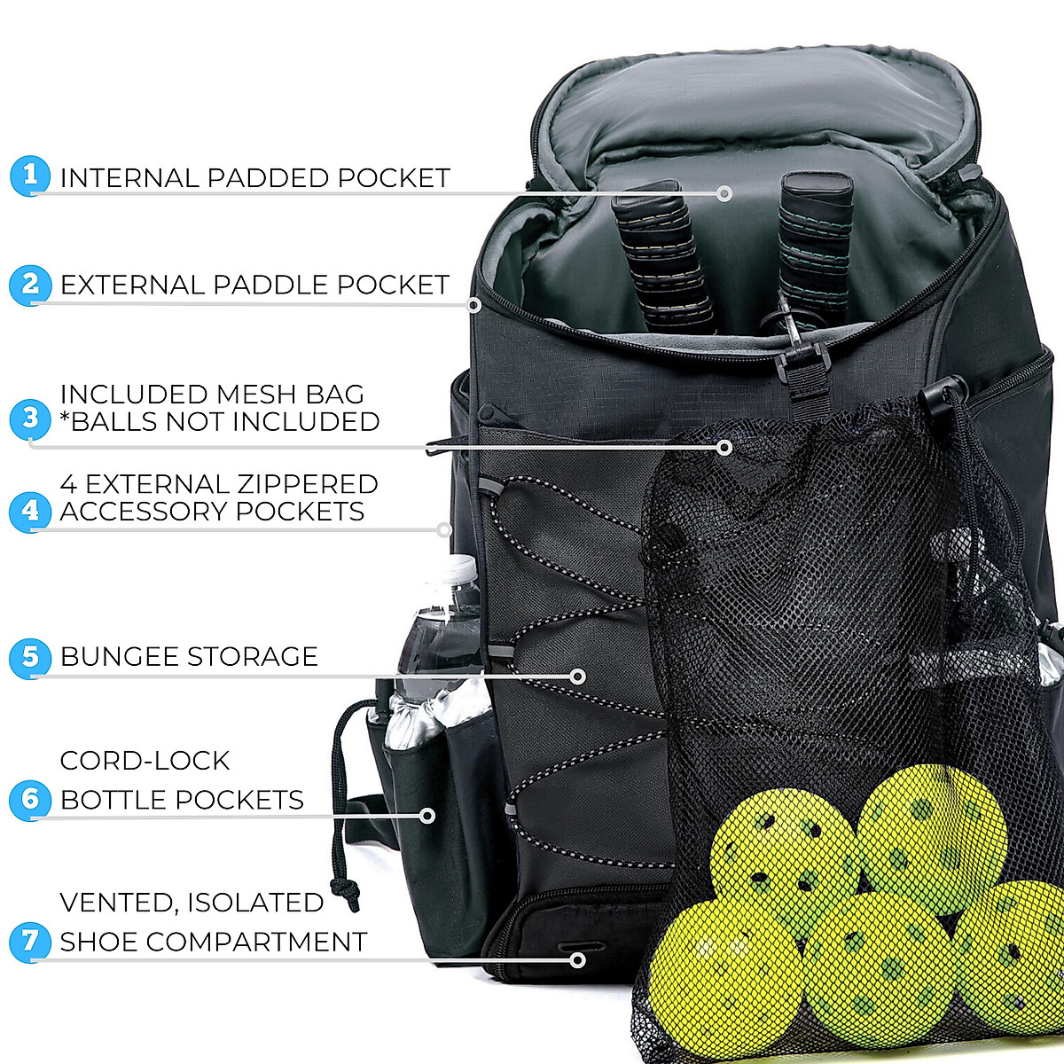 Athletico 35L Pickleball Backpack - Pickleball Bags for Men or Women Includes Pickleball Ball Holder (Black)