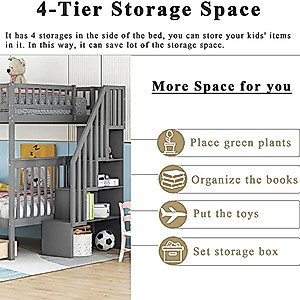 CITYLIGHT Full Over Full Bunk Beds with Stairs,Wood Full Bunk Beds with 2 Storage Drawers, Bunk Bed Full Over Full Size for Kids,Teens, Adults, No Box Spring Needed, Grey