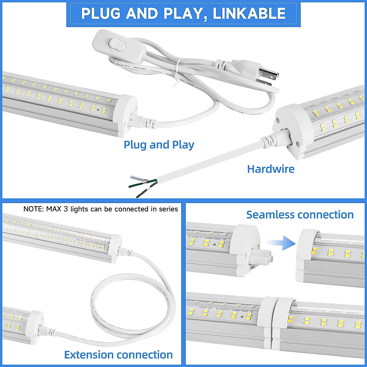 8FT LED Shop Light, U Shape 125W Integrated LED Tube Light, 6500K Clear White, 20000LM Super Bright LED Lighting, Flush Mount/Hanging, Linkable LED Shop Lights for Garage Workshop, Plug&Play, 8 Pack