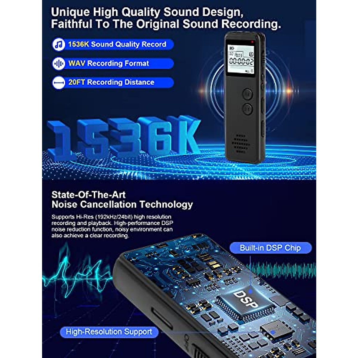 64GB Digital Voice Recorder with Playback, Langkou 1536Kbps Voice Activated Recorder for Lectures, Tape Recorder 776 Hour Audio Recording Device, A-B Repeat, MP3 Player Study, Business, Entertainment