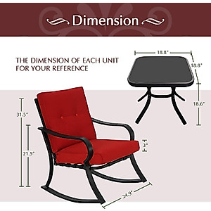 Betterland Outdoor 3-Piece Rocking Chairs Patio Bistro Sets, Glass-Top Coffee Table & Black Metal ​Patio Furniture with Thickened Cushions (Red)