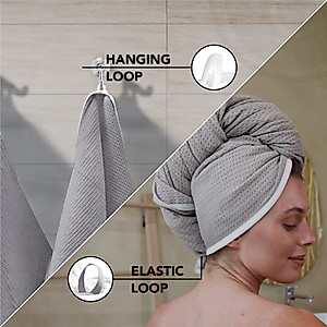 Microfiber Hair Towel Wrap for Women - Extra Large 45 x 25" Hair Towels for Long Hair – Anti Frizz Breathable Quick Dry Towel for Wet, Curly, Straight, with Elastic Loop - Waffle Knit Towels - Grey