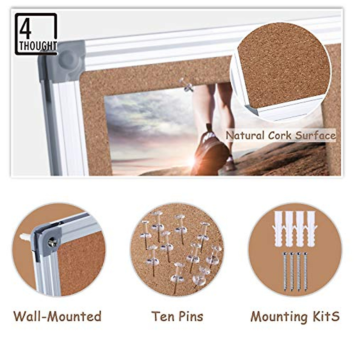 4 THOUGHT Cork Bulletin Board Large Big, 48 x 36 Inches Framed Push Pin Corkboard for Wall, Notice Memo Board with Silver Aluminium Frame for Display and Organize, 4 x 3 Feet, 10 Push Pins Included