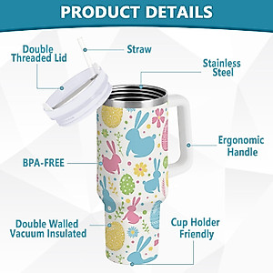 Emelivor Easter Rabbit Bunny 40 oz Tumbler with Lid and Straw Insulated Tumblers with Handle Thermal Stainless Travel Coffee Mug Cup Water Bottle for Women Men Sports Gym