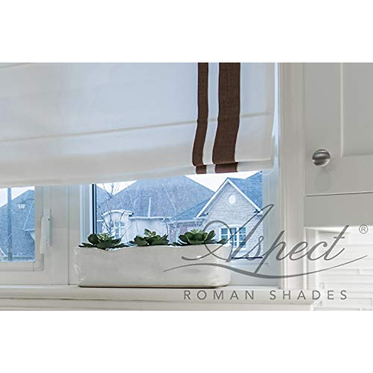 LOGANOVA Flat Roman Shade Chevalle Chocolate. White base with double dark brown border and chain mechanism. Custom made.