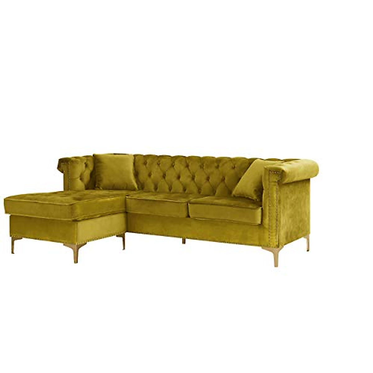 Iconic Home Levin Left Hand Facing Sectional Sofa L Shape Chaise Velvet Button Tufted Rolled Arm with Nail Head Trim Tone Metal Y-Leg with 2 Accent Pillows Modern Contemporary, Gold