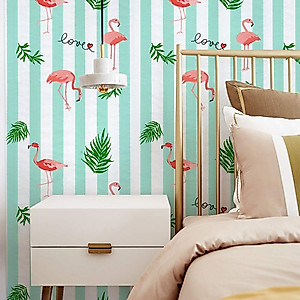 HOYOYO Vinyl Wallpaper Flamingos Palm Leaf Wallpaper Blue White Stripe Decorative Self Adhesive Liner Removable Wall Decoration for Bookshelf Closet Living Room Bedroom Dormitory Office 17.7''x118''