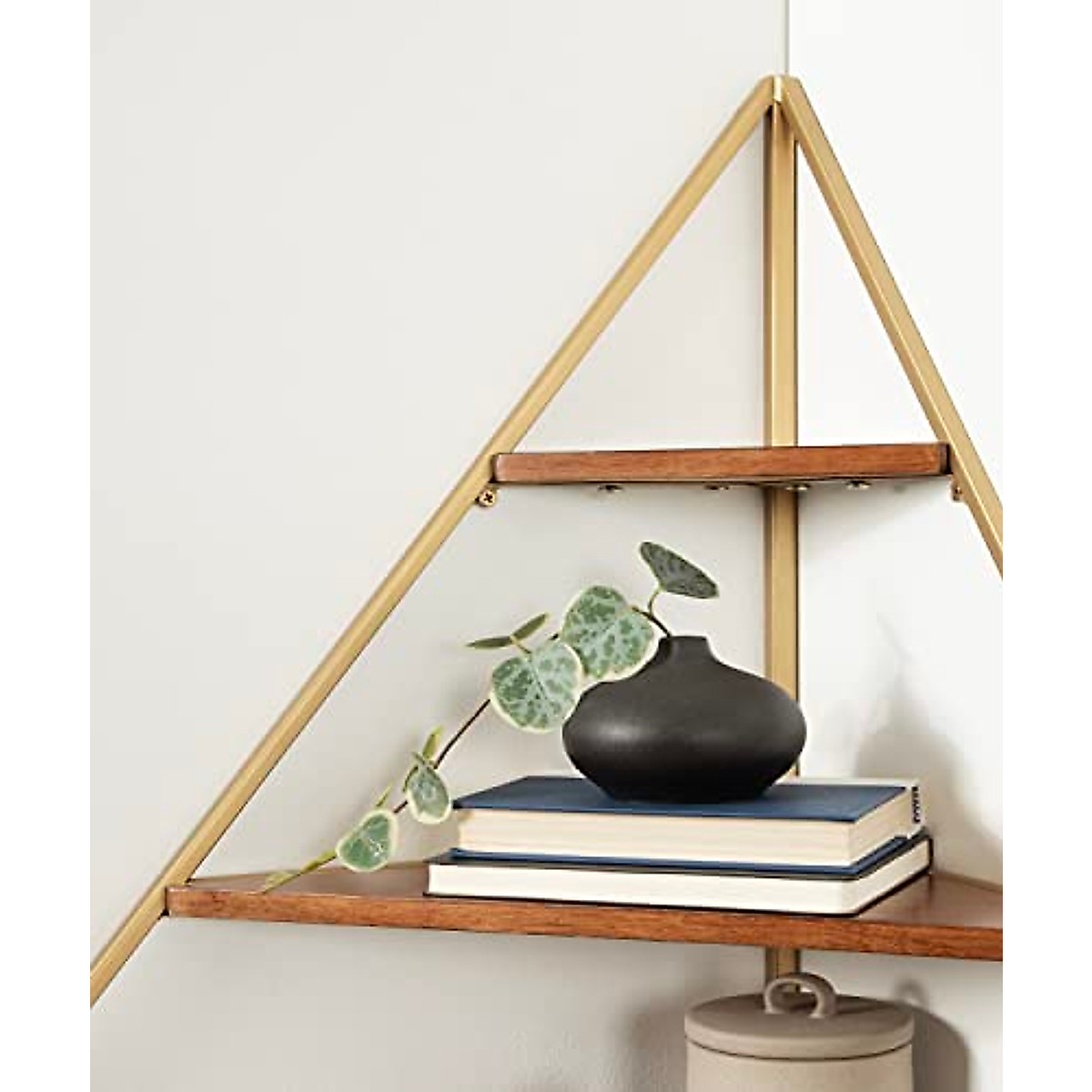 Kate and Laurel Melora Mid-Century Modern Corner Shelf, 24 x 38 x 17, Walnut and Gold, Glamorous Floating Corner Shelving with Four Shelves and Unique Geometric Shape