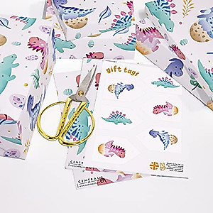 CENTRAL 23 Dinosaur Wrapping Paper - For Baby Boys and Girls - 6 Sheets Dinosaur Gift Wrap - For Birthday, Chritmas, Holiday, Baby Shower - Comes With Fun Stickers