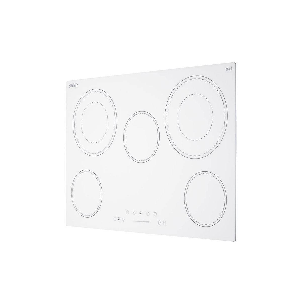 Summit Appliance CR5B30T8W 30" Wide 5-Burner Radiant Cooktop, White, Ceramic Glass Surface, Digital Touch Controls, 9 Power Levels, Programmable Timer, Residual Heat Indicator, 208-240v Operation