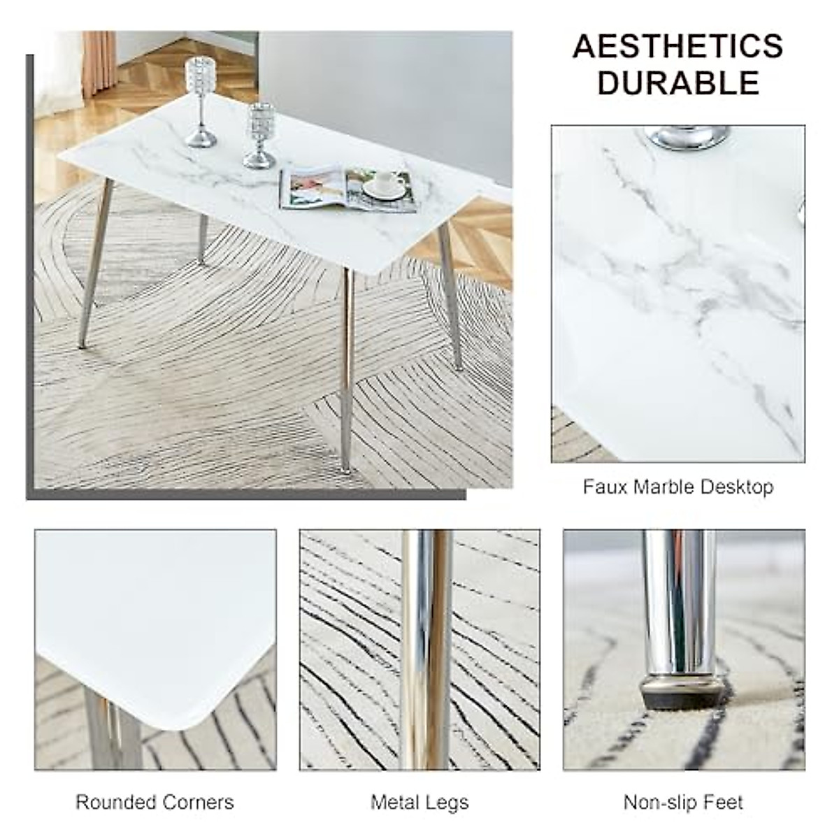 TesNus 50 inch Marble Dining Table, Modern Rectangular Faux Marble Dining Table with Black Metal Legs for Kitchen Dining Living Room (White-a)