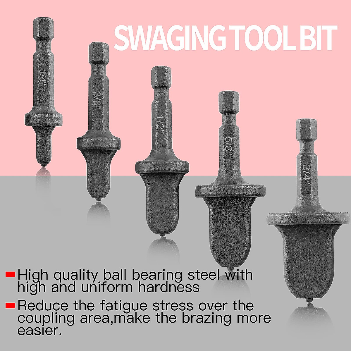 Zorveiio 5 Pcs Swaging Tool Drill Bit Set Swaging Tool Drill Bits, Copper Tube Expander Flaring Tool for Copper Tubing, HVAC Repair Kit with 3/4'' 5/8'' 1/2'' 3/8'' 1/4'' Bits - Hex Handle