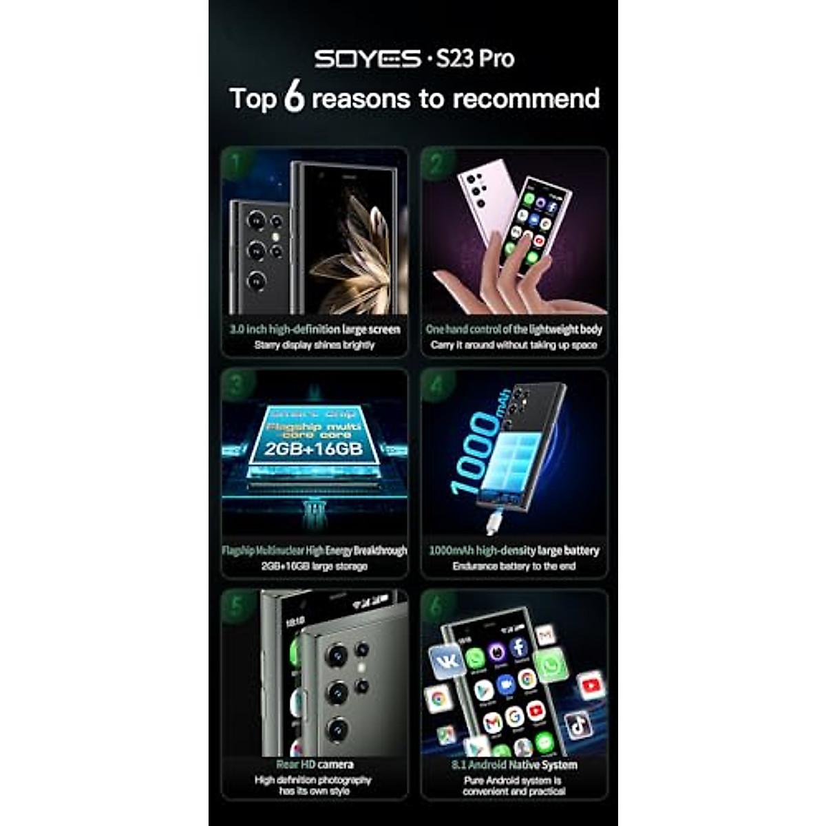 Small Size Cellphone SOYES S23 Pro 3G Mini Smartphone 2GB RAM 16GB ROM Android 8.1 Touch Screen Creative Gift for Kid 3.0Inch Small Mobile Phone (Green)