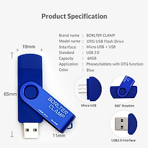 BorlterClamp 64GB USB Flash Drive Dual Port Memory Stick, OTG Thumb Drive with Micro USB Drive Port for Android Smartphone Tablet & Computer (Blue)