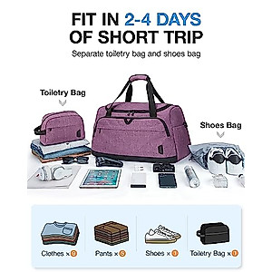Weekender Bag for Women, BAGSMART 38L Carry on Overnight Bag, Gym Bag Personal Item Travel Bag with Trolley Sleeve, Shoe Bag, Purple-38L